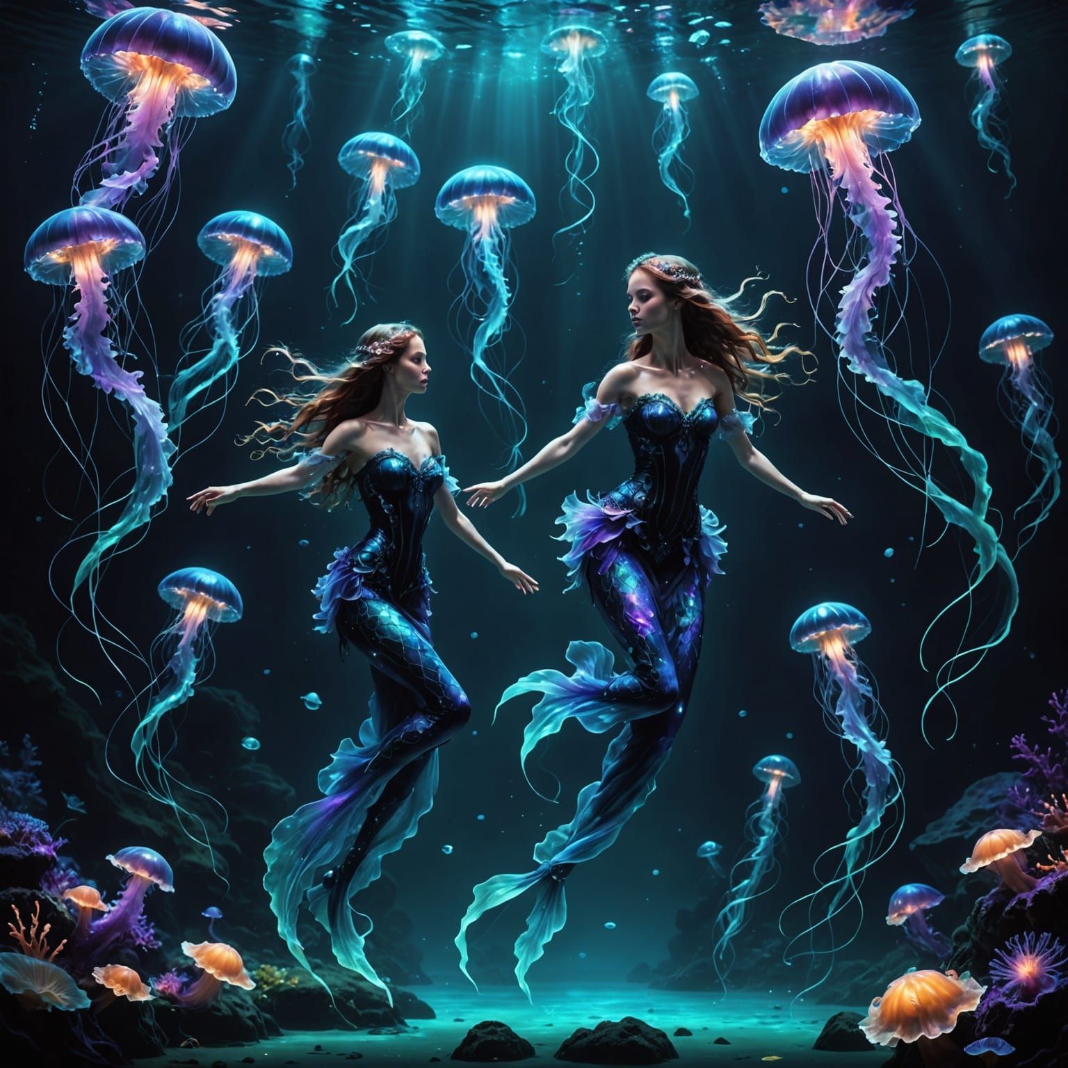 Ethereal Mermaids Dance in a Bioluminescent Abyssa... - AI Art