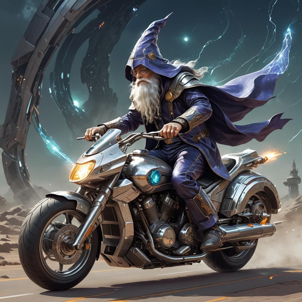 A wizard riding a futuristic motorcycle. - AI Generated Artwork ...