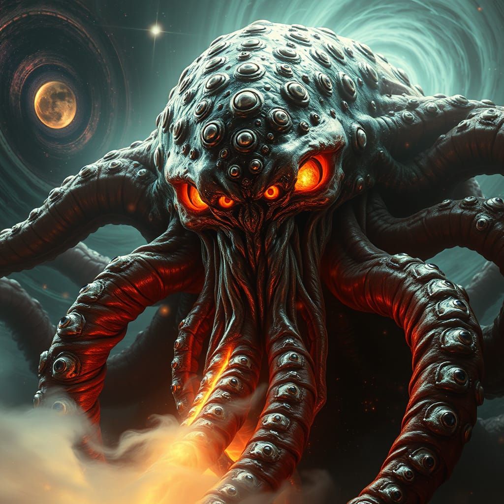 Cinematic horror film still. Close-up medium shot. Gargantuan multiverse size Azathoth eldritch ...