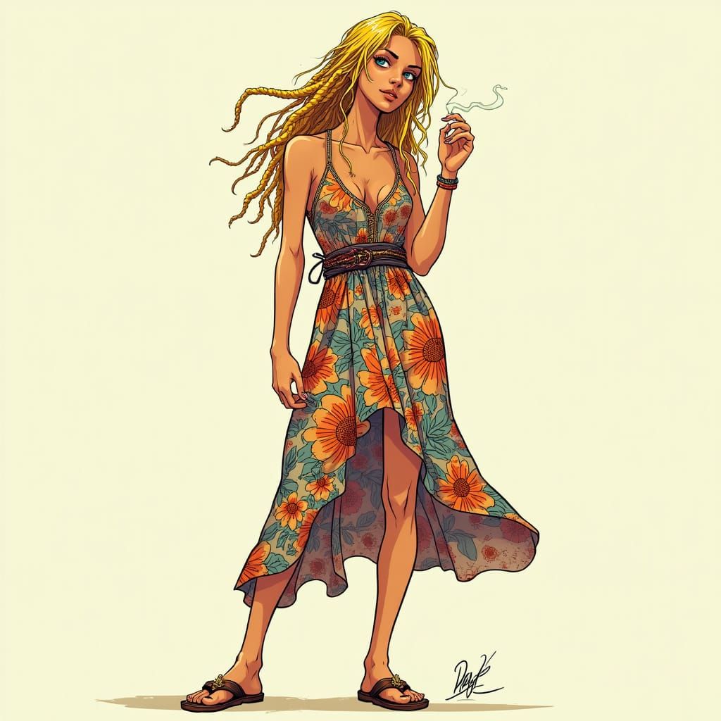 Laid-Back Hippie Chick in American Comic Style - AI Art