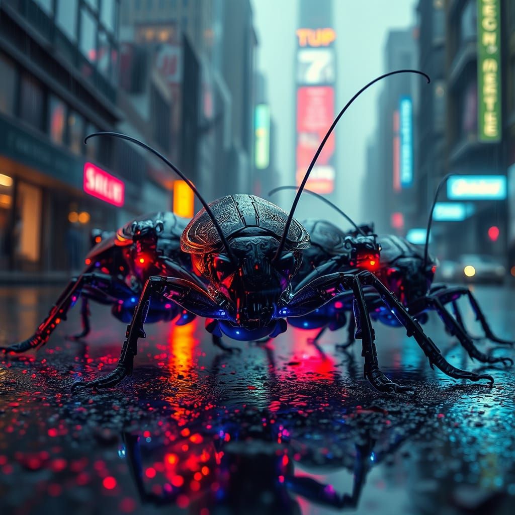 Gigantic Bio-Mechanical Cockroaches in Neon Cyberp... - AI Art