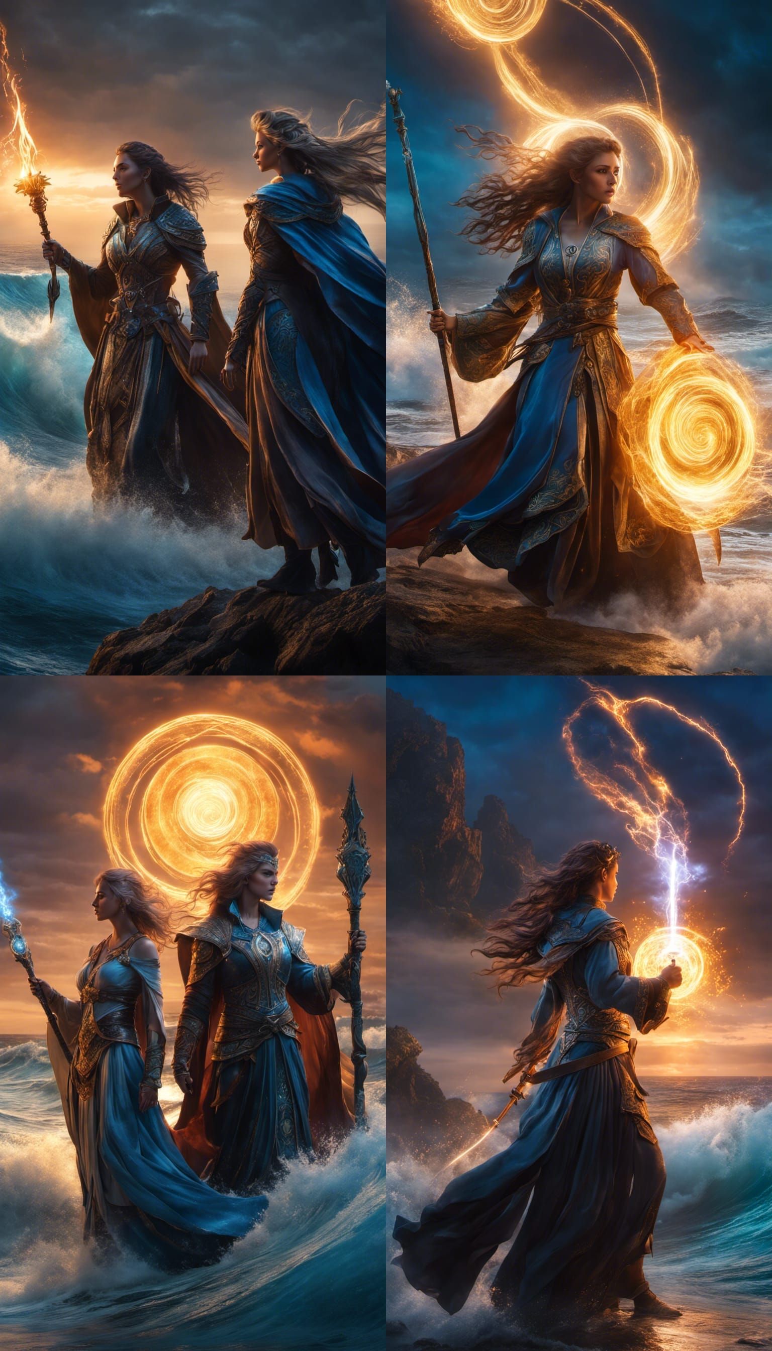 Epic photography, "two mages casting powerful spell, oceanscape ...