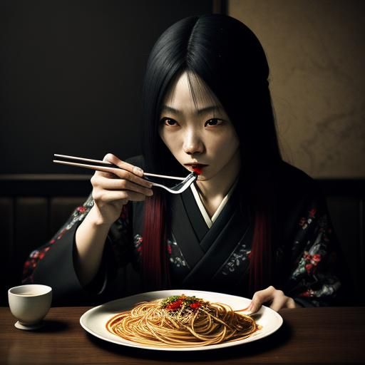 Traditional Gothic Girl Eating Spaghetti! - AI Generated Artwork ...