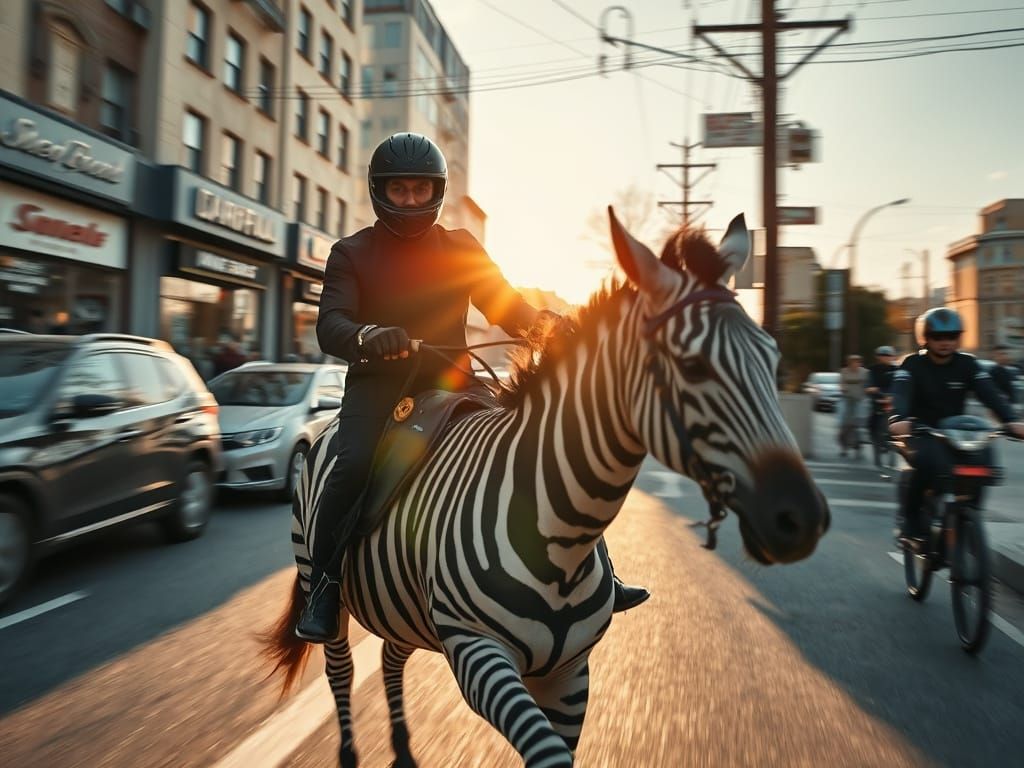a surreal urban scene of a person riding a zebra speeding down a city ...