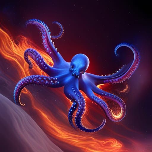 Octopus in space lit like a fire fly on acid hyper... - AI Art