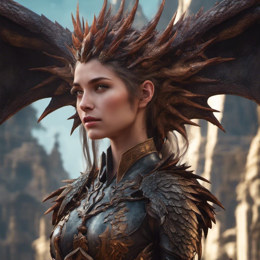 Youthful, Gorgeous Female, human body shape, dragon skin, wings, tail ...