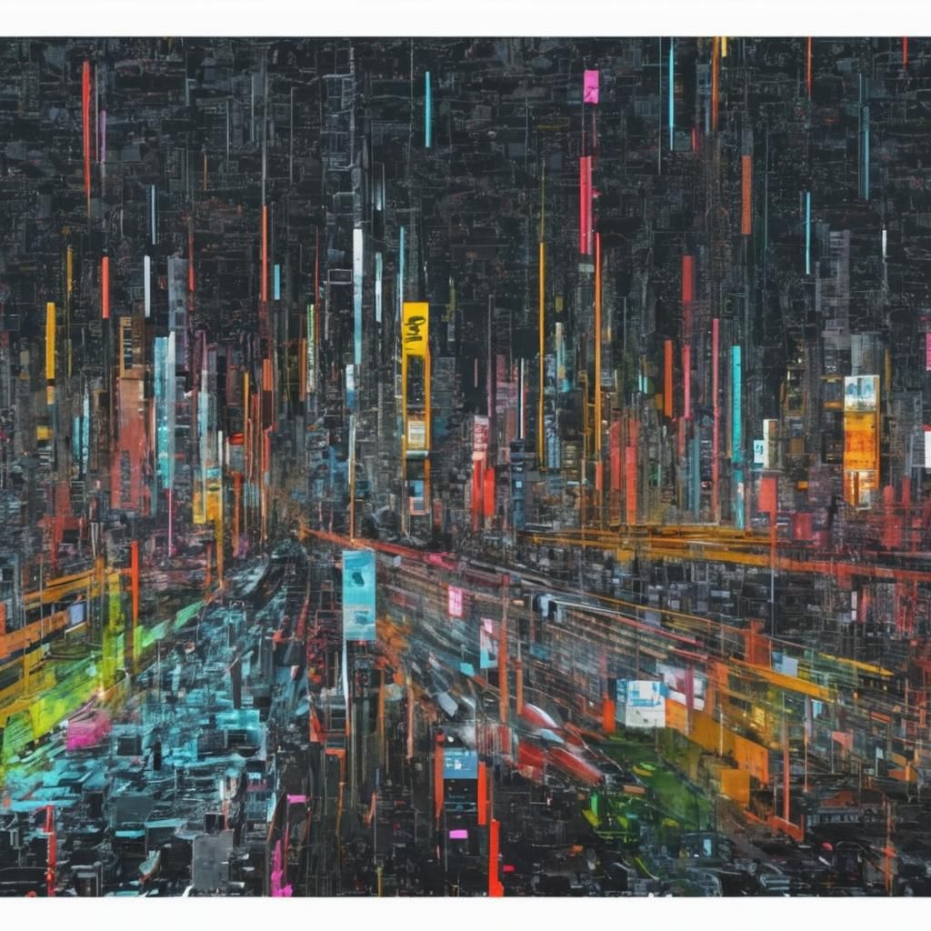 Art by Ryoji Ikeda, cityscape, vibrant glitch overlays, urban scene ...