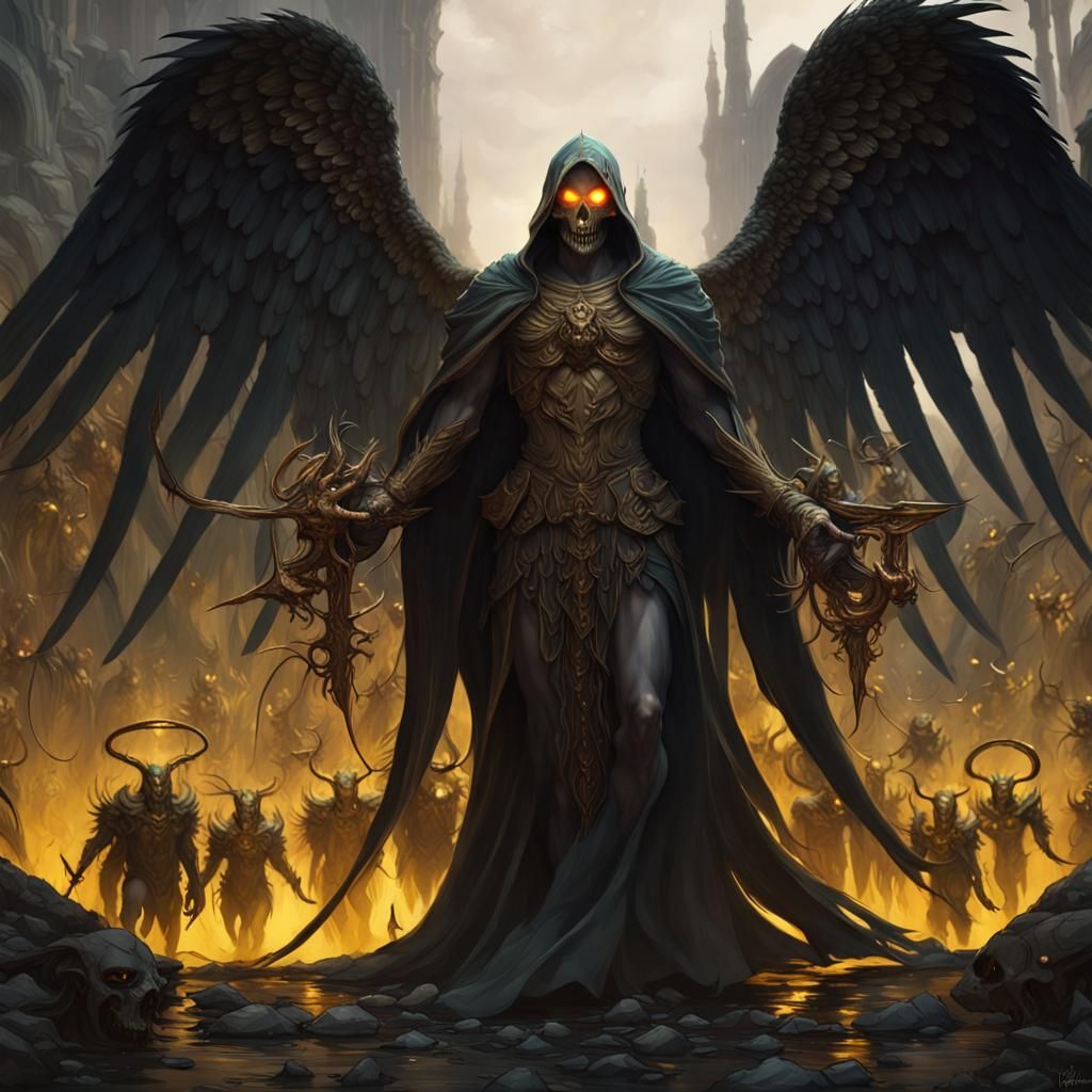 The great angel of death with huge wings and yellow eyes and his ...