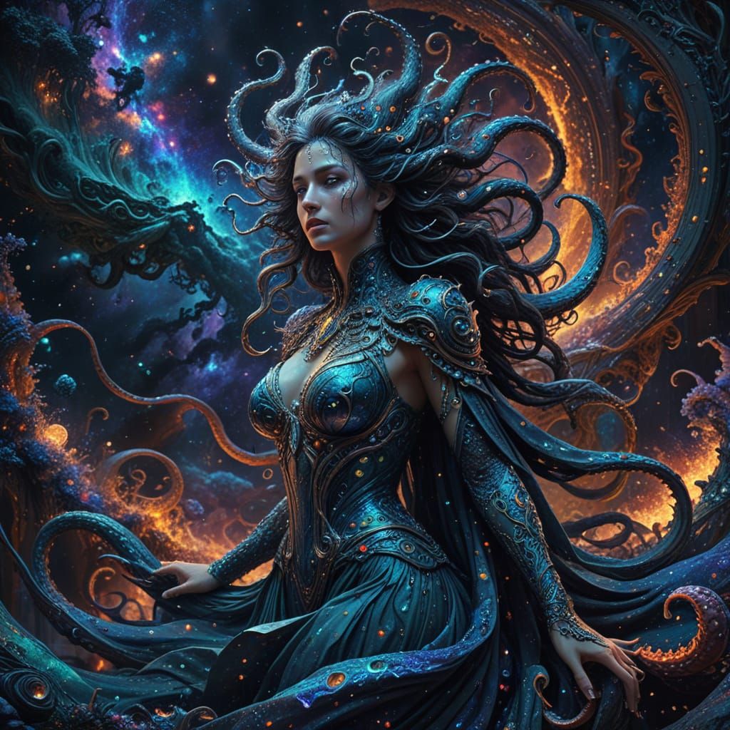 Portrait. A voluptuous eldritch queen with dozens of eyes and tentacles emerges from a cosmic ...