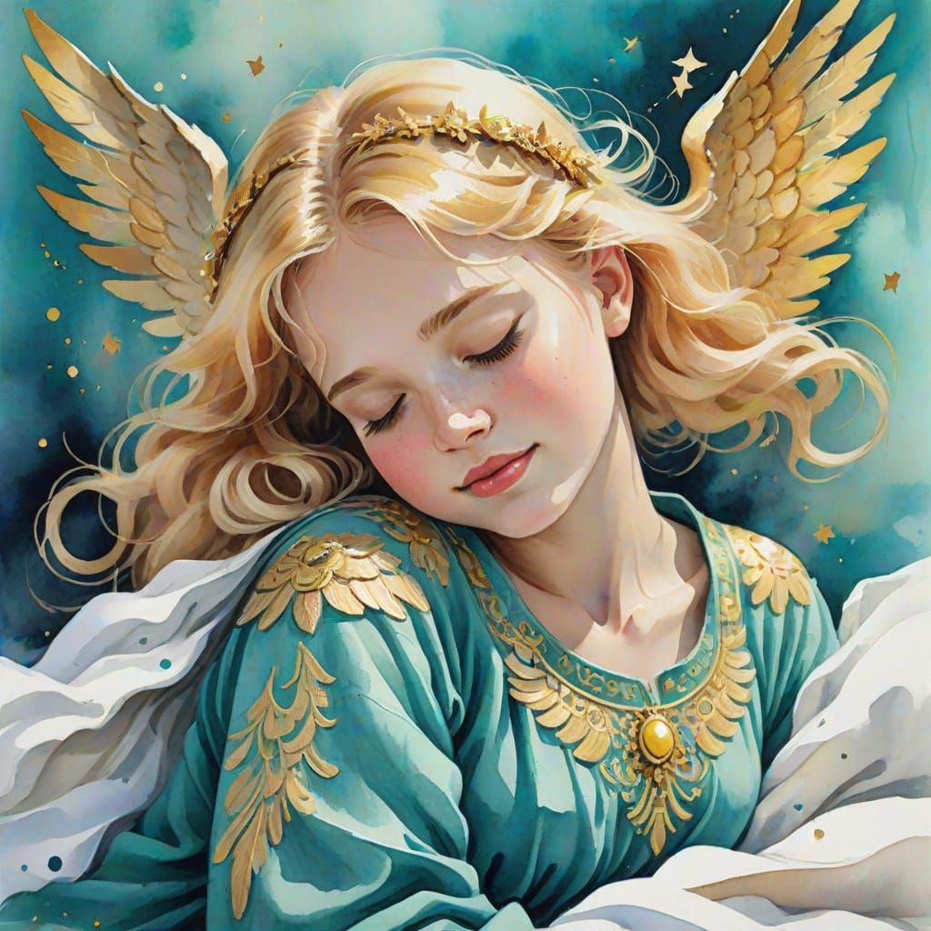 angel girl's - Angel Girl in Turquoise Tunic with Golden W...