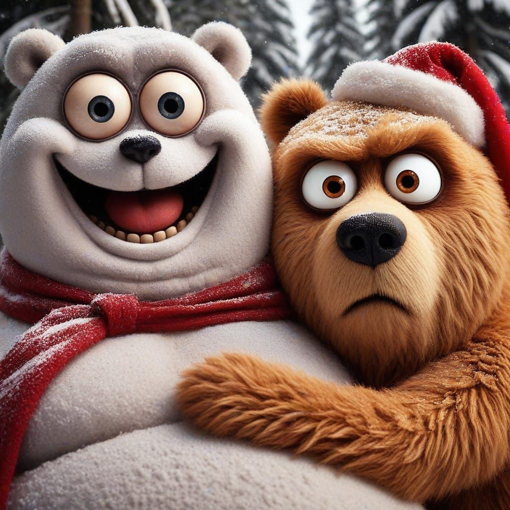 Excited Googly Eyed Bear Hugs Unimpressed Santa in... - AI Art