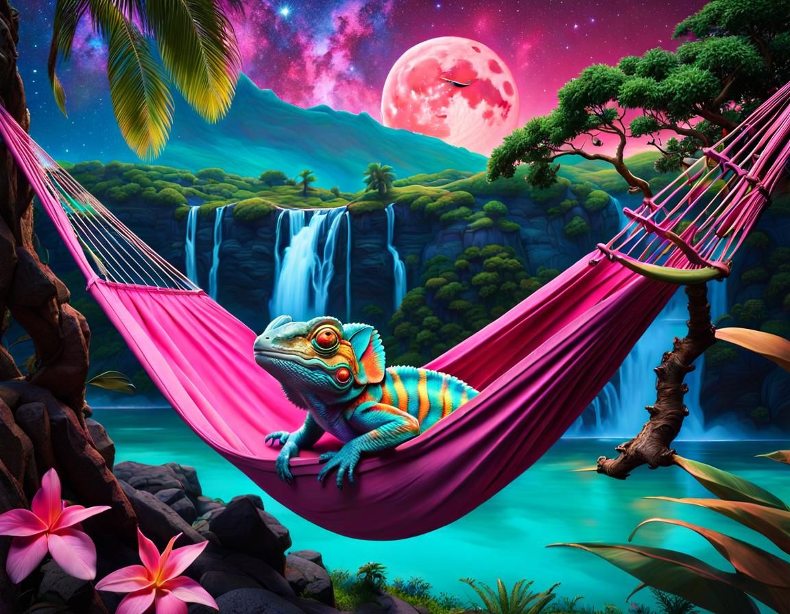 Chameleon lounging in a hammock on a tropical alien planet - AI ...