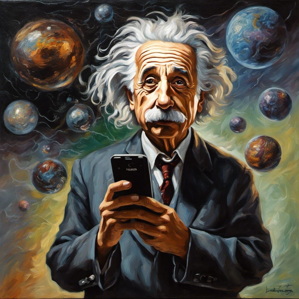 Albert Einstein using his cell phone - AI Generated Artwork - NightCafe Creator