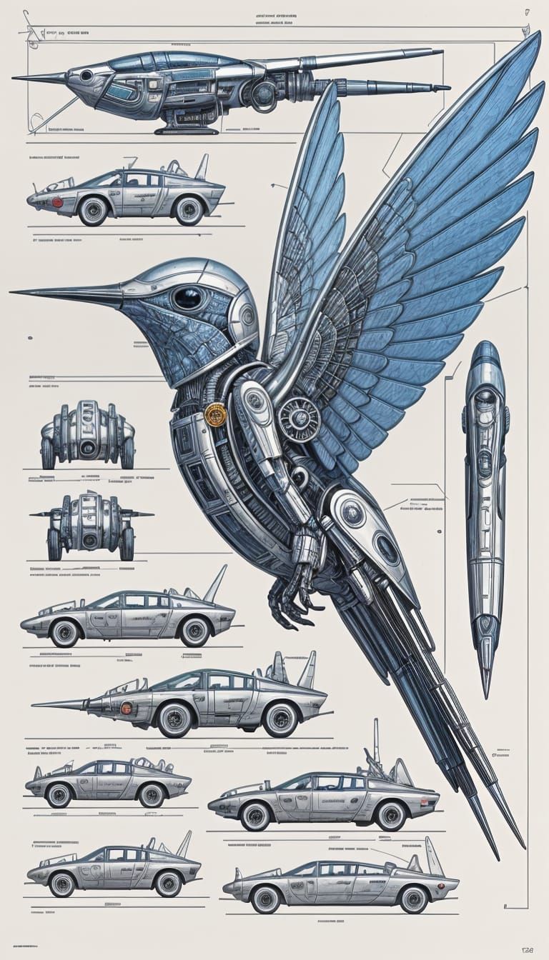 Industrial Robotic Hummingbird Blueprints in Cyber... - AI Art