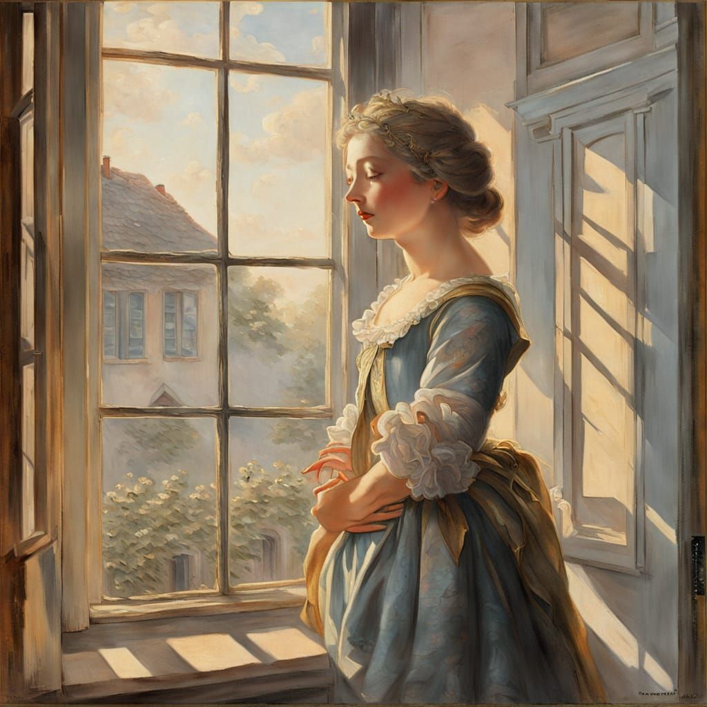 lady standing at a window with closed eyes with morning sunlight ...