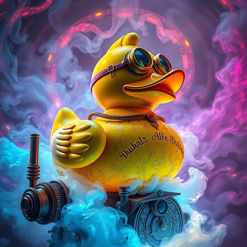 Surreal Steampunk Rubber Duck Amidst Neon Vortex - AI Art