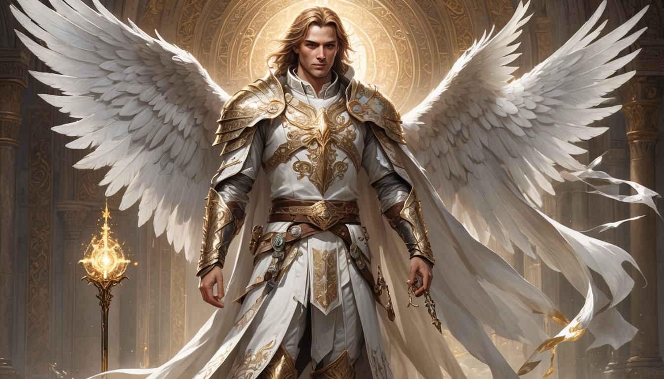 Assimar cleric with radiant white wings