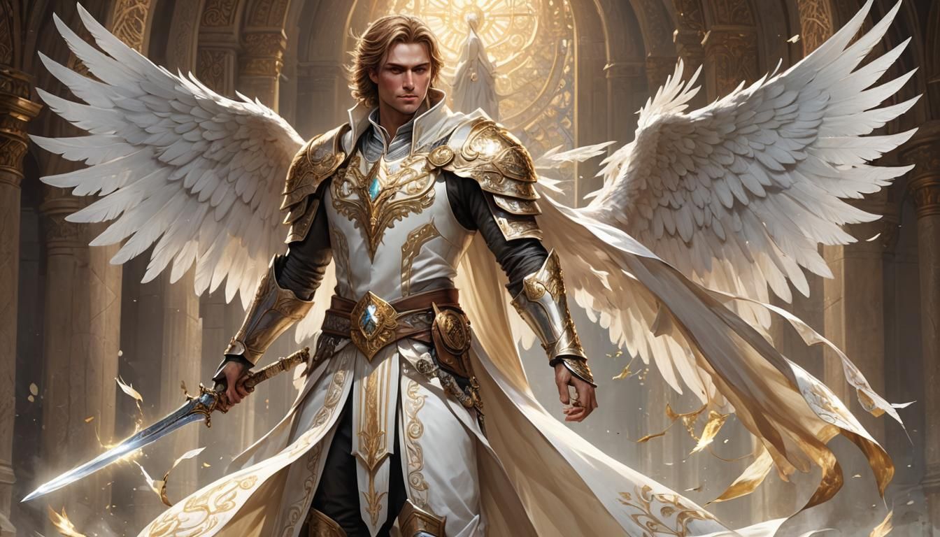 Aasimar cleric with radiant white wings