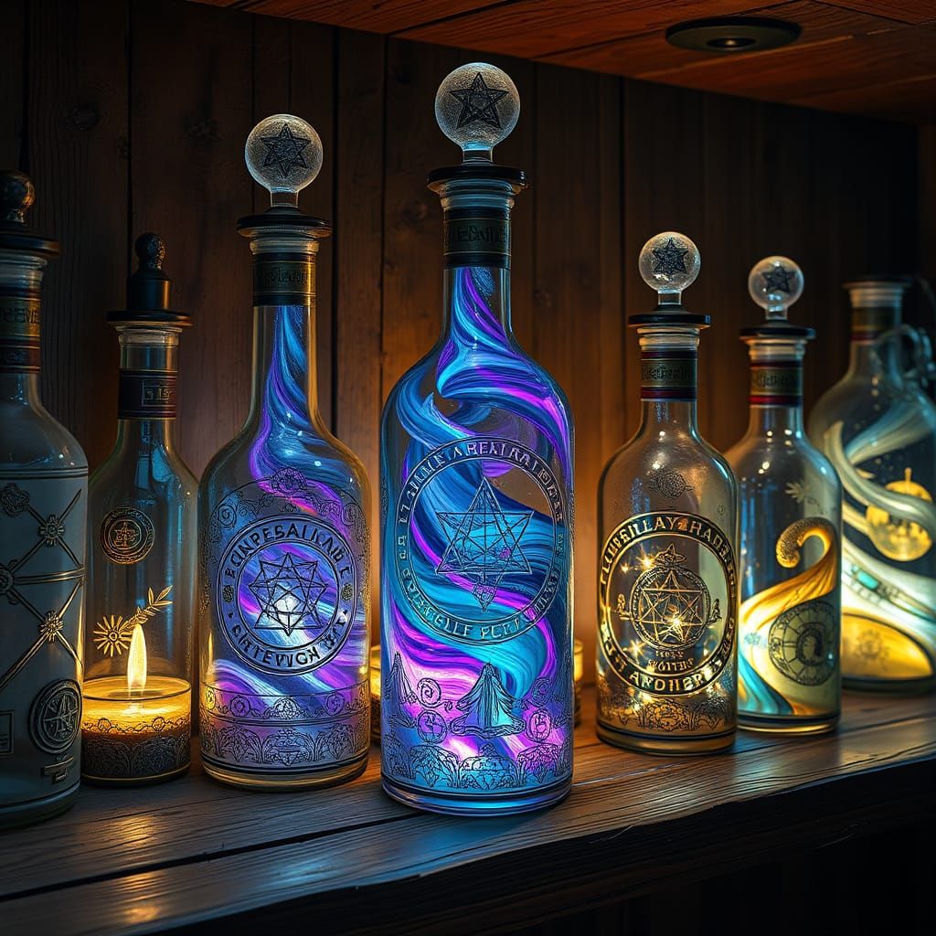 Ethereal Glass Vessels on a Mystical Shelf - AI Art