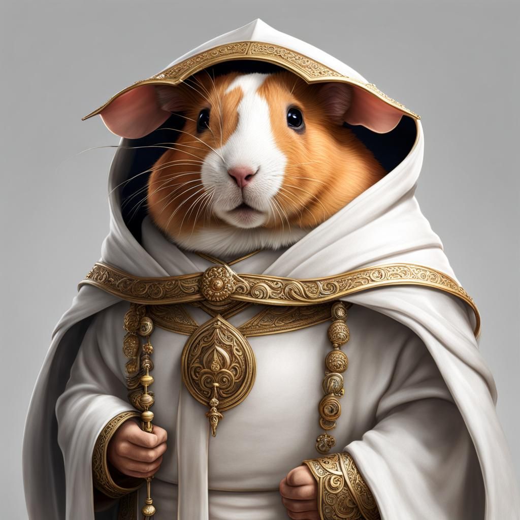 A photo realistic anthropomorphic Buddha guinea pig wearing a white ...