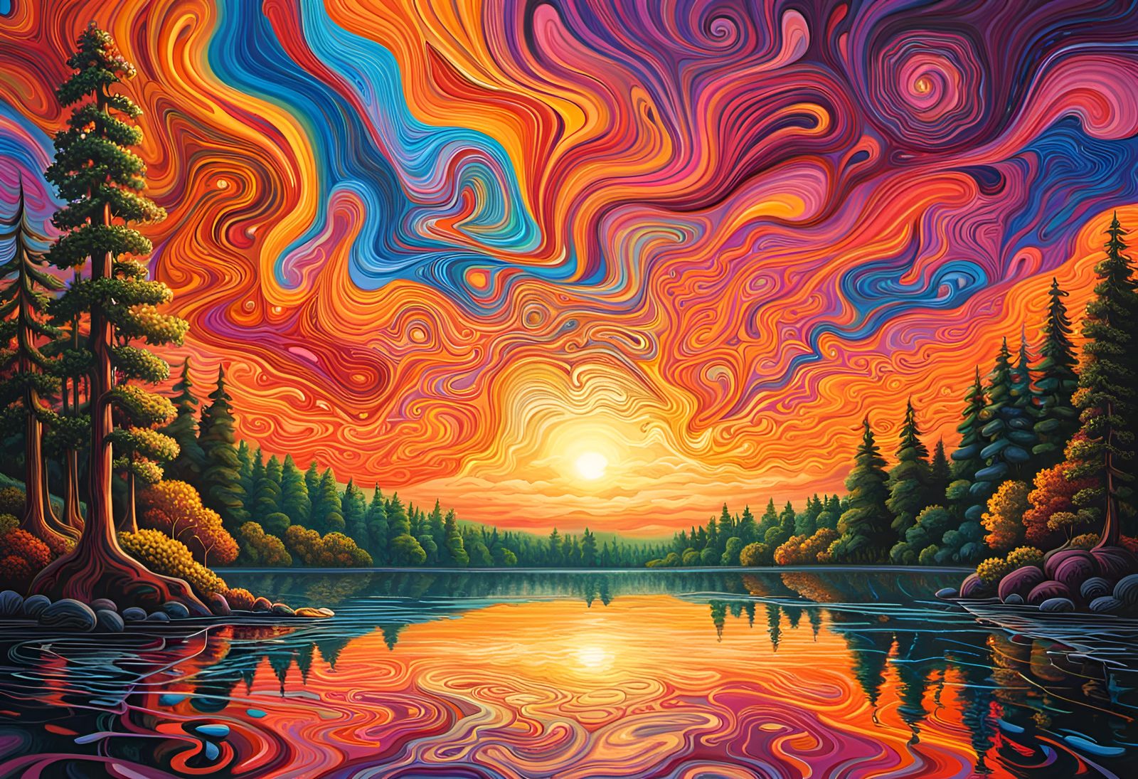 Psychedelic Lake Sunset v10 - AI Generated Artwork - NightCafe Creator