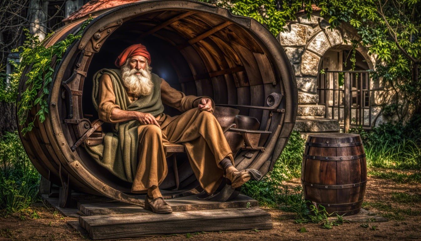 Diogenes the Cynic resting in his Barrel , cinematic HDR magnificent ...