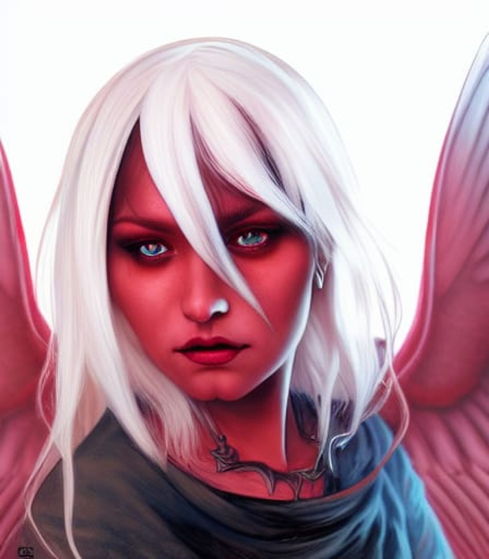 red skinned demon with white hair (and a chin like a chad apparently ...