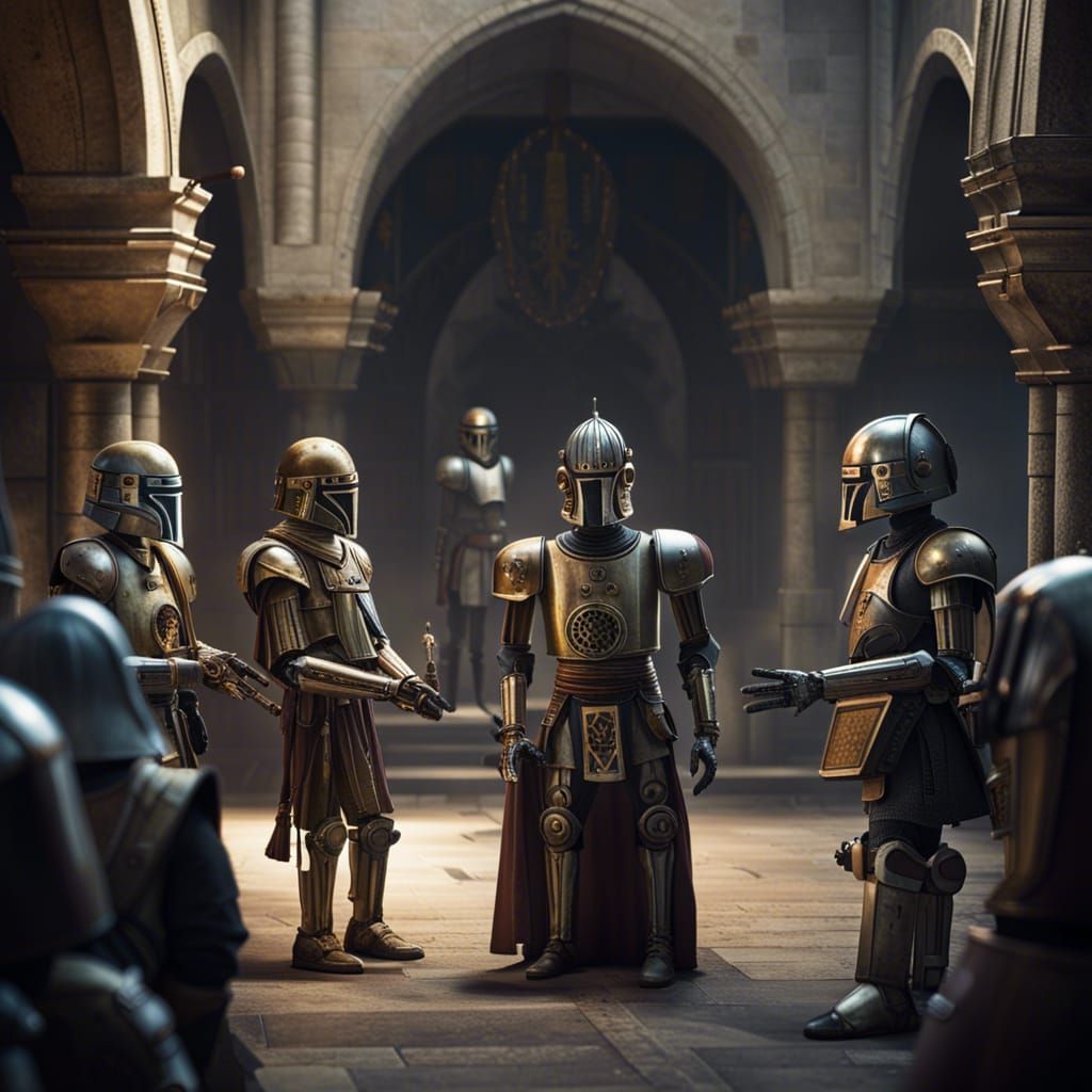 Starwars battle droids in medieval style standing in front of a jedi ...
