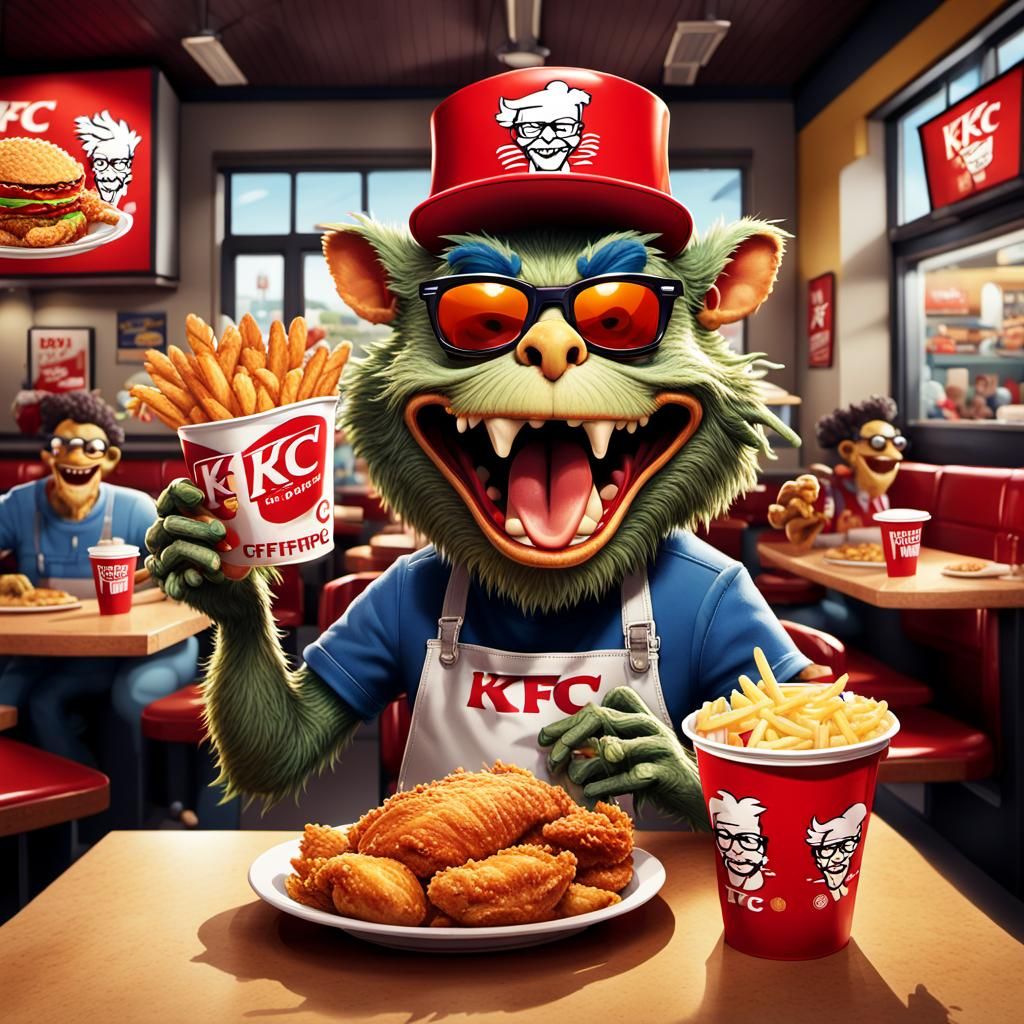 A lively illustration of a ratfink monster in a KFC restaurant ...