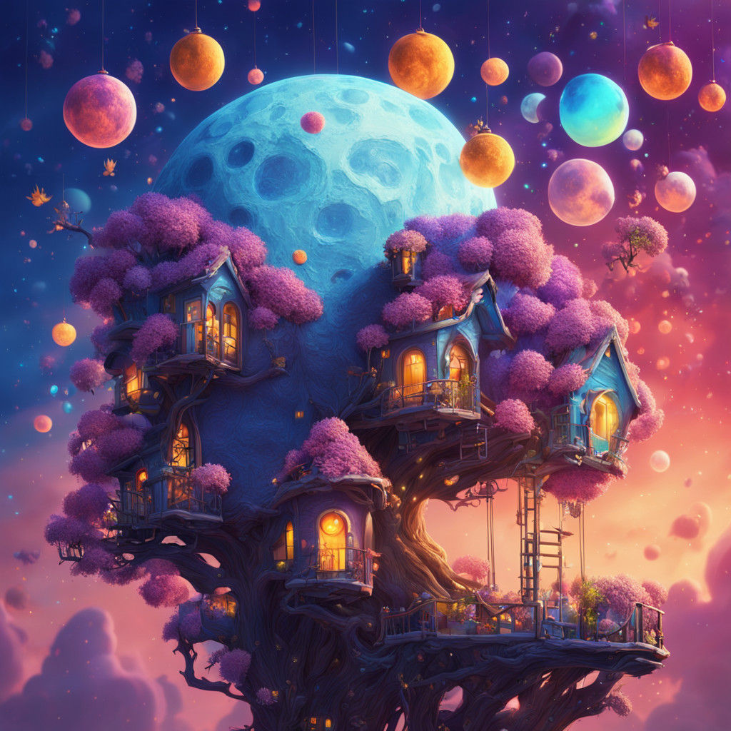 Whimsical moon stuck in a tree - Whimsical Treehouse Moon Wo...