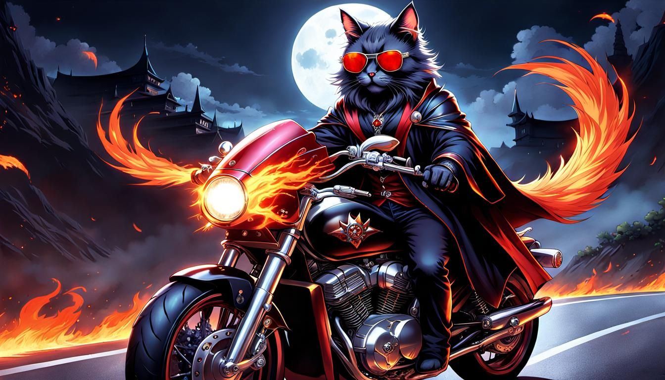 Vampire cat with red pair of shades riding a motorcycle on a fiery road ...
