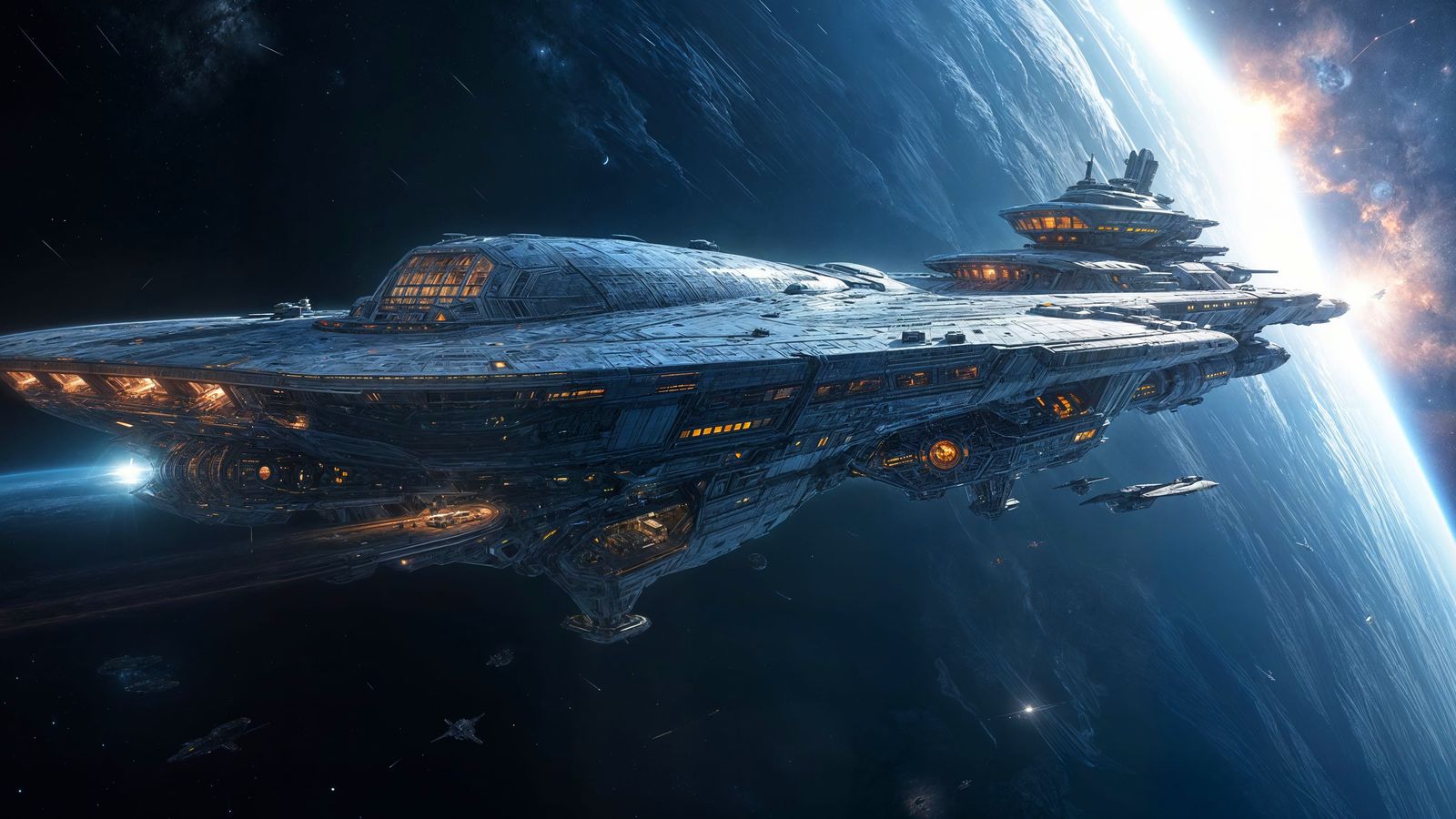 A colossal logistics starship in space, its brilliant chrome surfaces ...