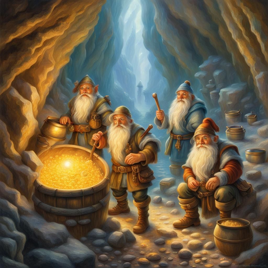 hyper-realistic dwarves mining gold in a vibrant crystalline cave with ...