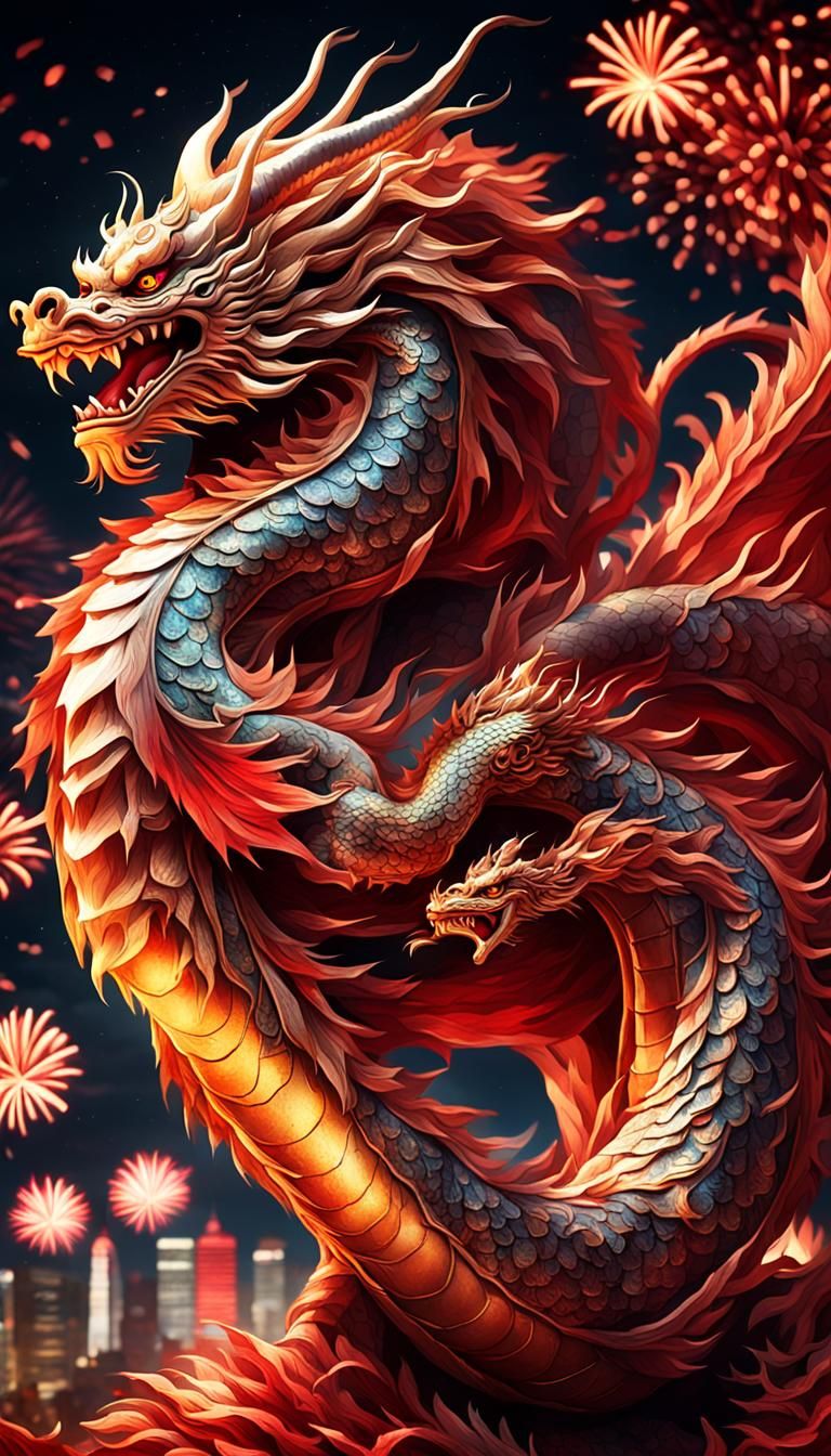 A majestic Chinese dragon with a single head and a long, winding body ...