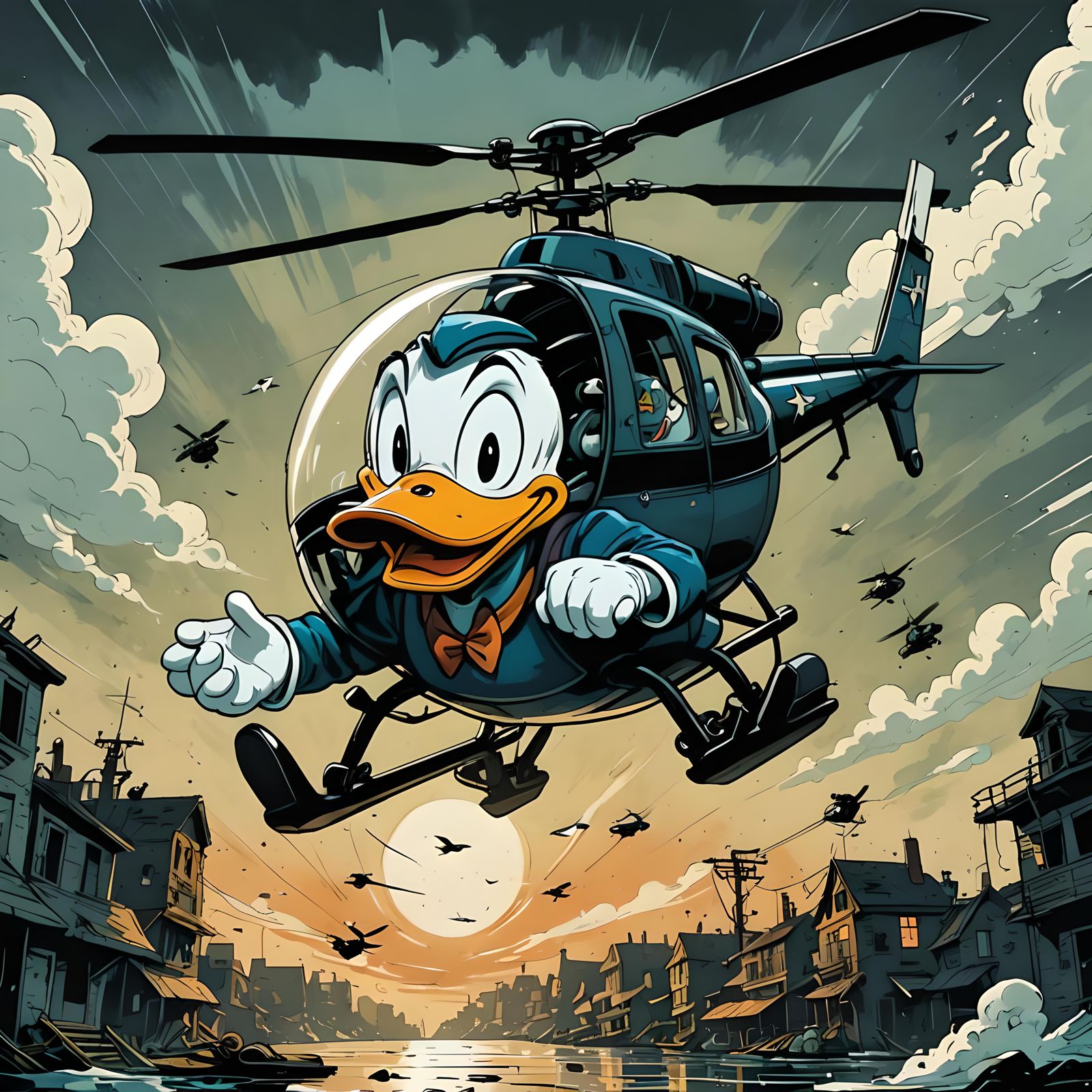 Comic Noir Expressionism Donald Duck flying helicopter color depth ...