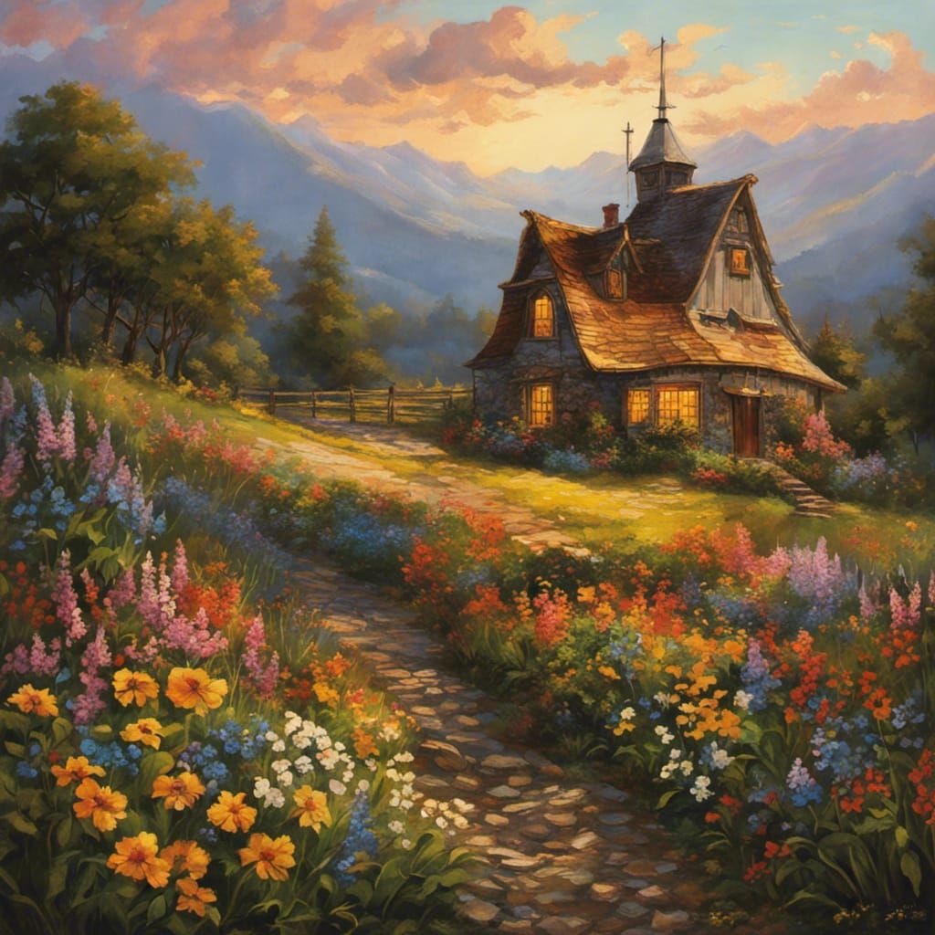 Close-up of an Old windmill, wild flowers, art of Thomas kinkade ...