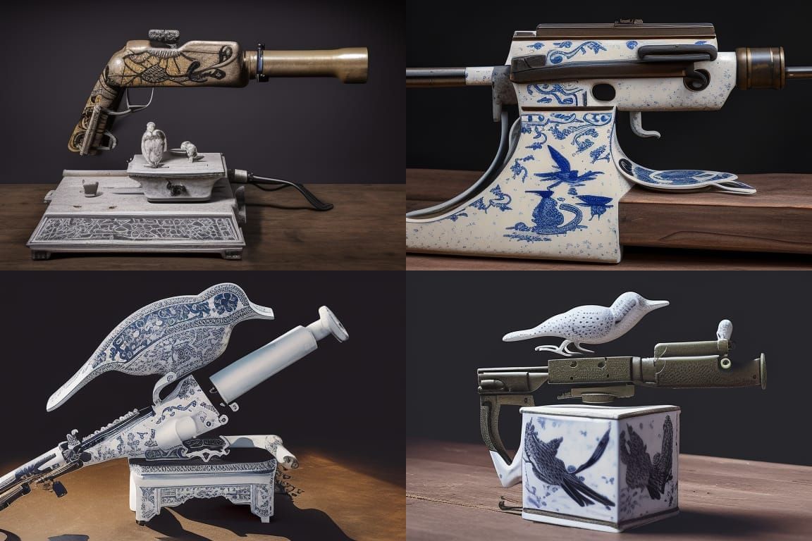 antique machine gun, fine porcelain painted with willow pattern ...