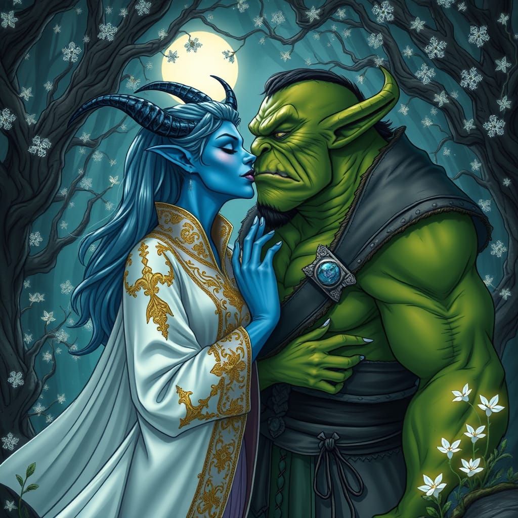 An tiefling blue skin female priestesse kisses a green skin orc ...