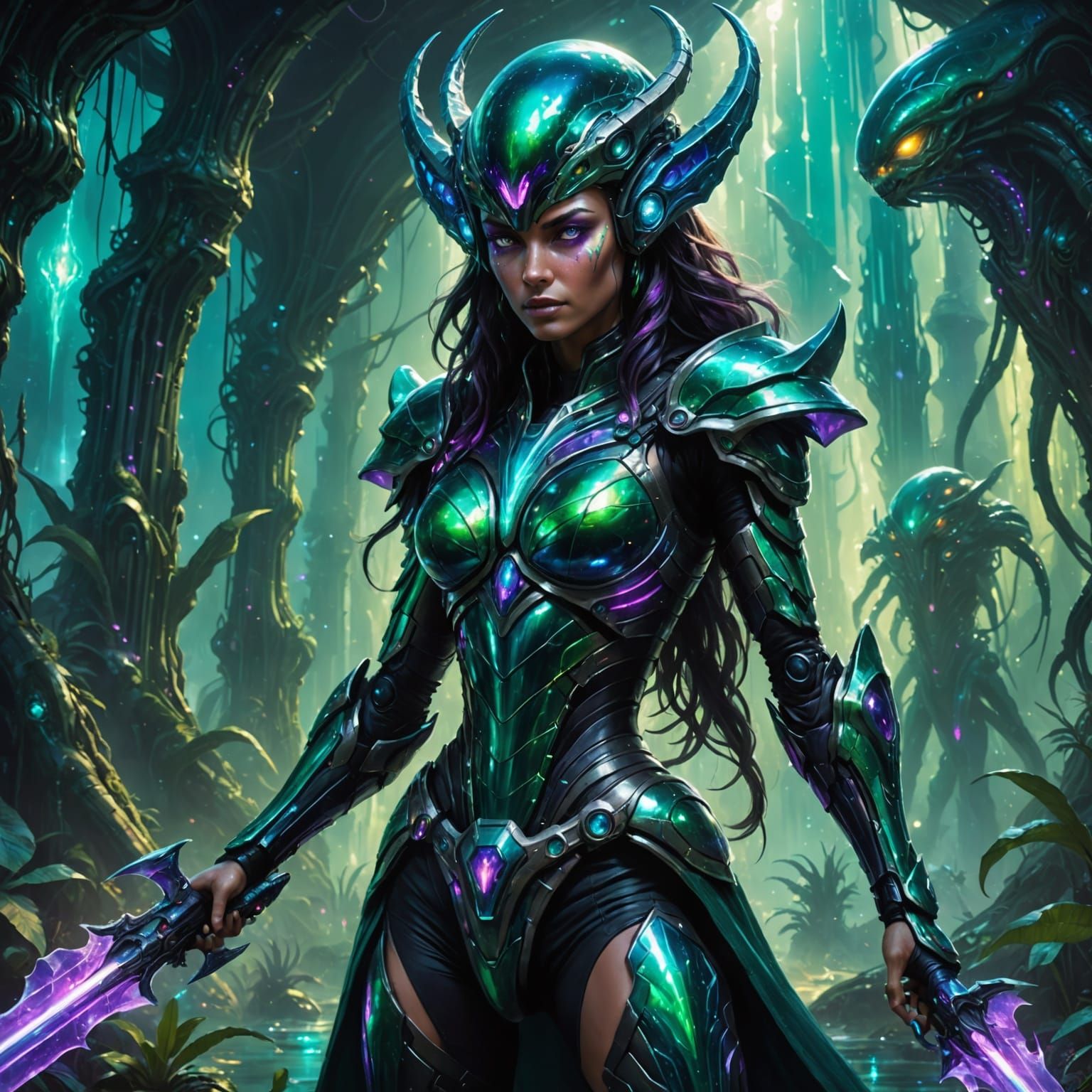 Alien Amazonian Warrior in Iridescent Armor - AI Art