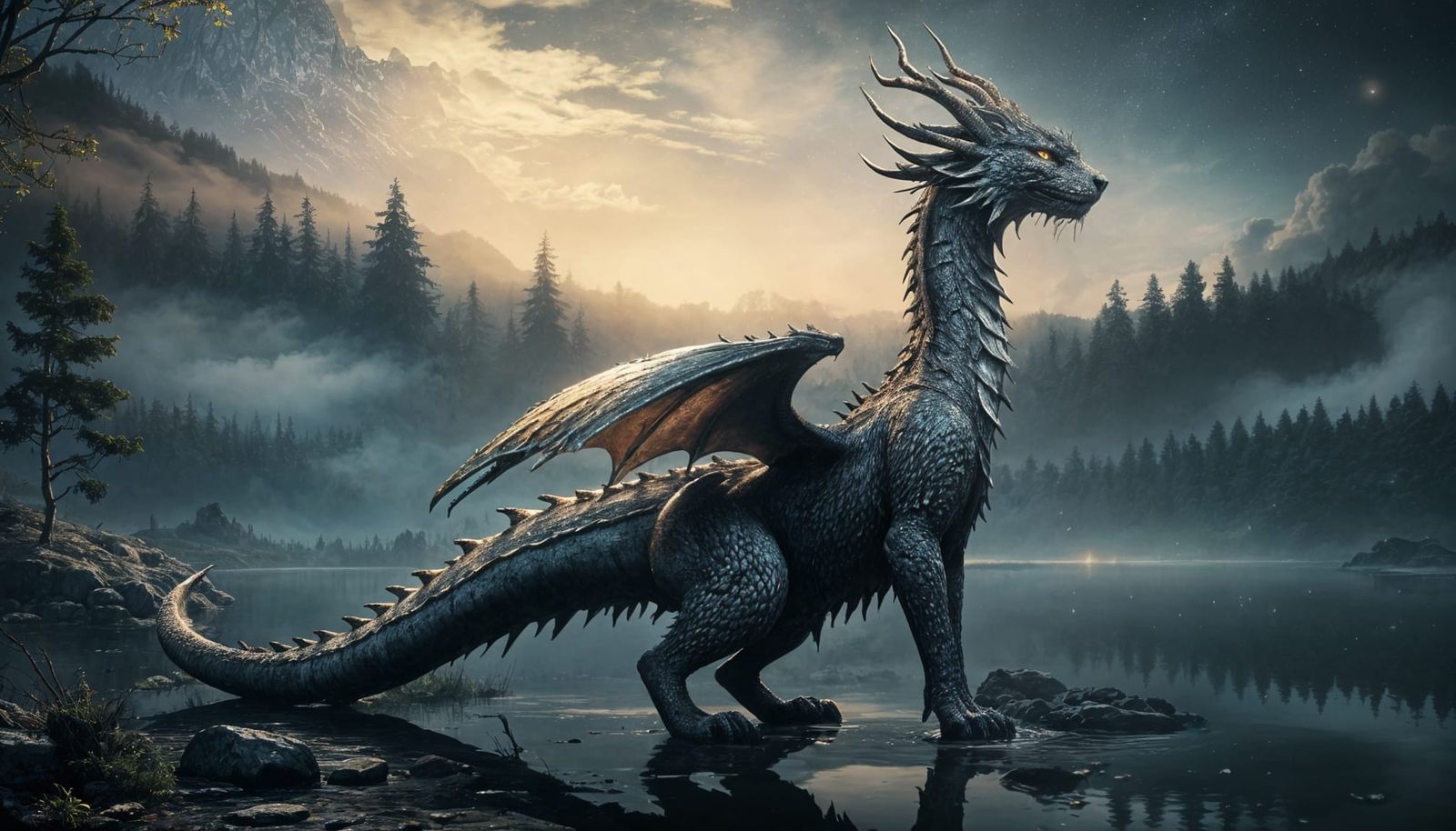 Mystical Nighttime Encounter: Lynx Dragon Amidst E... - AI Art