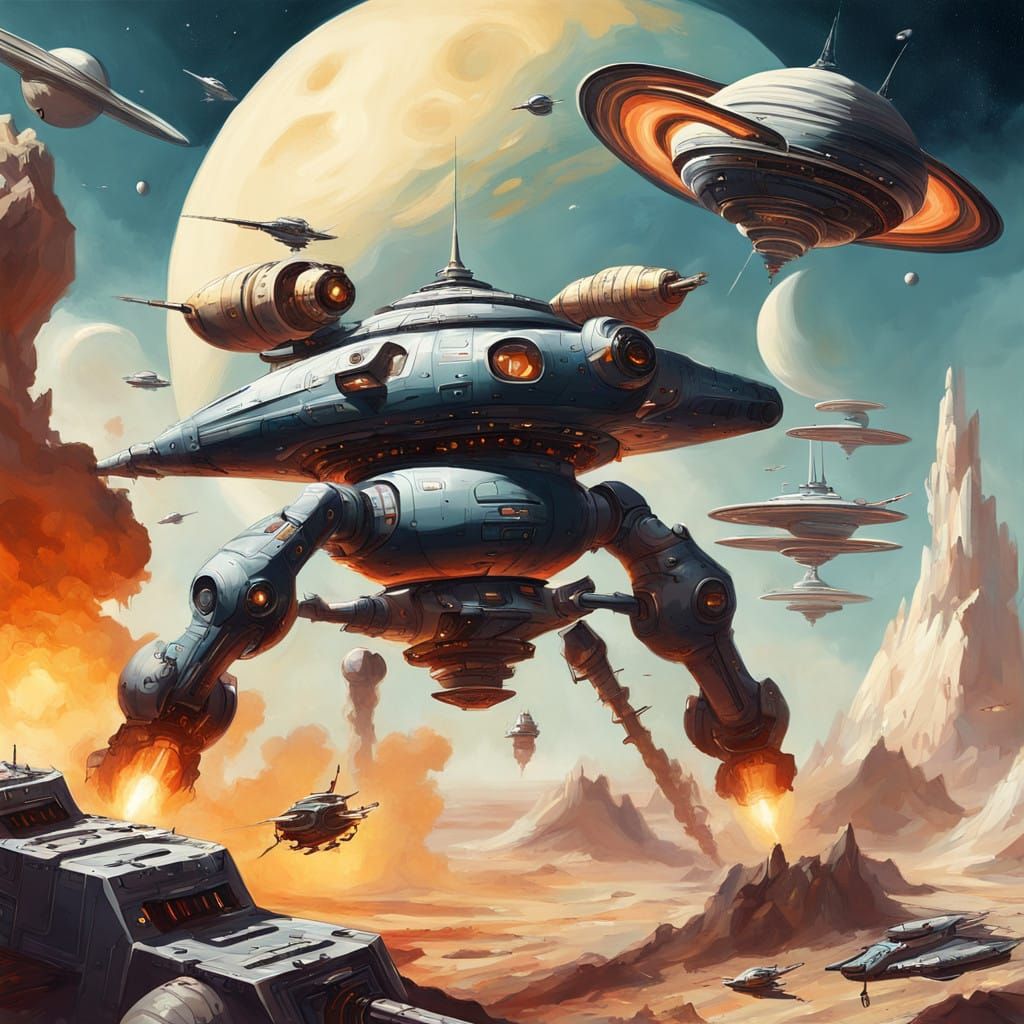 Flying Machines Engage Robotic Beast in Cosmic Pic... - AI Art