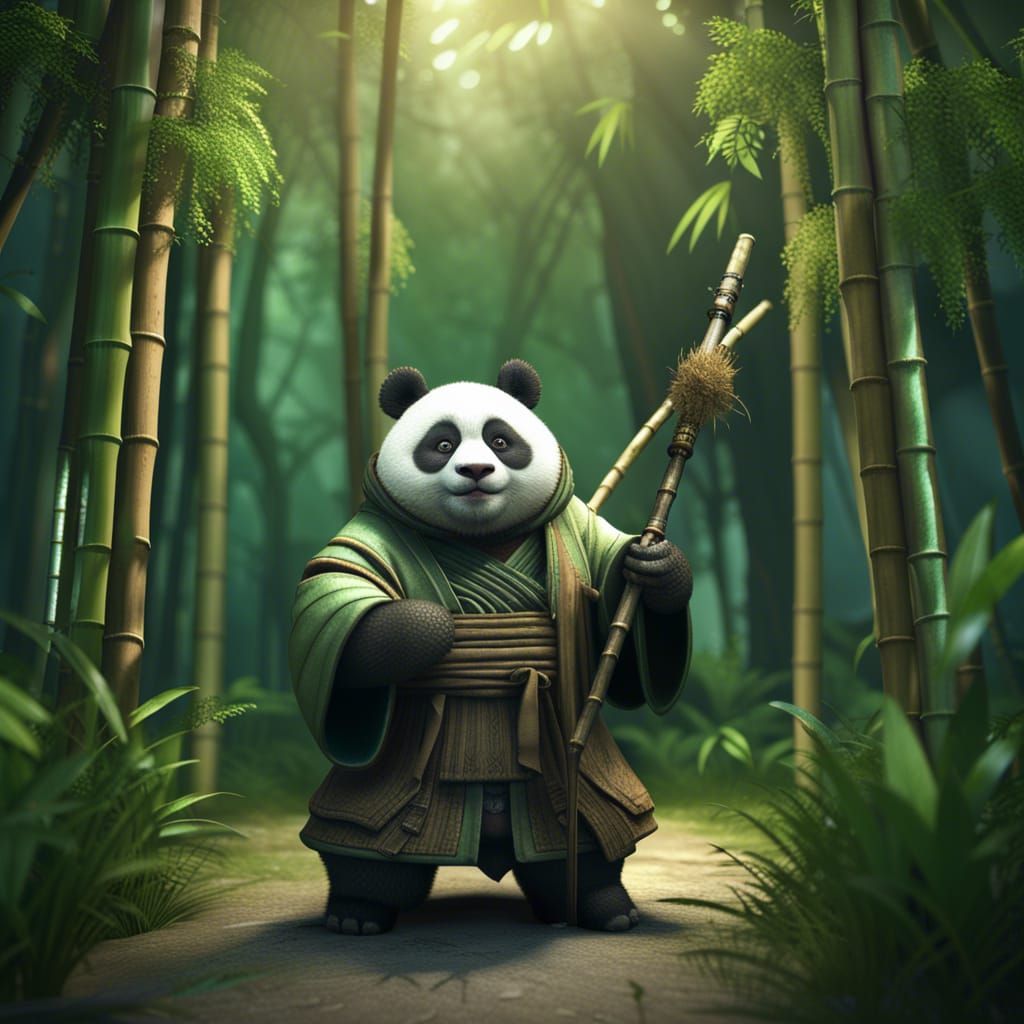 Chubby Panda Monk wearing a dark sage greenish robe and holding a ...