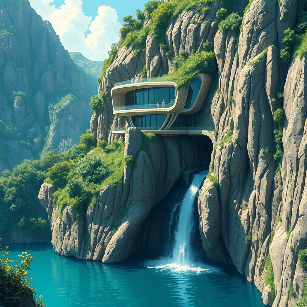 Ethereal Futuristic Cliffside Oasis - AI Art