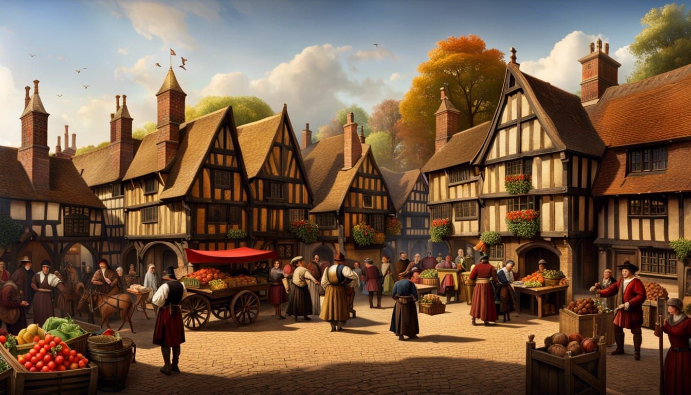 Street Market time for a beautiful Tudor village in the 1500s - AI ...