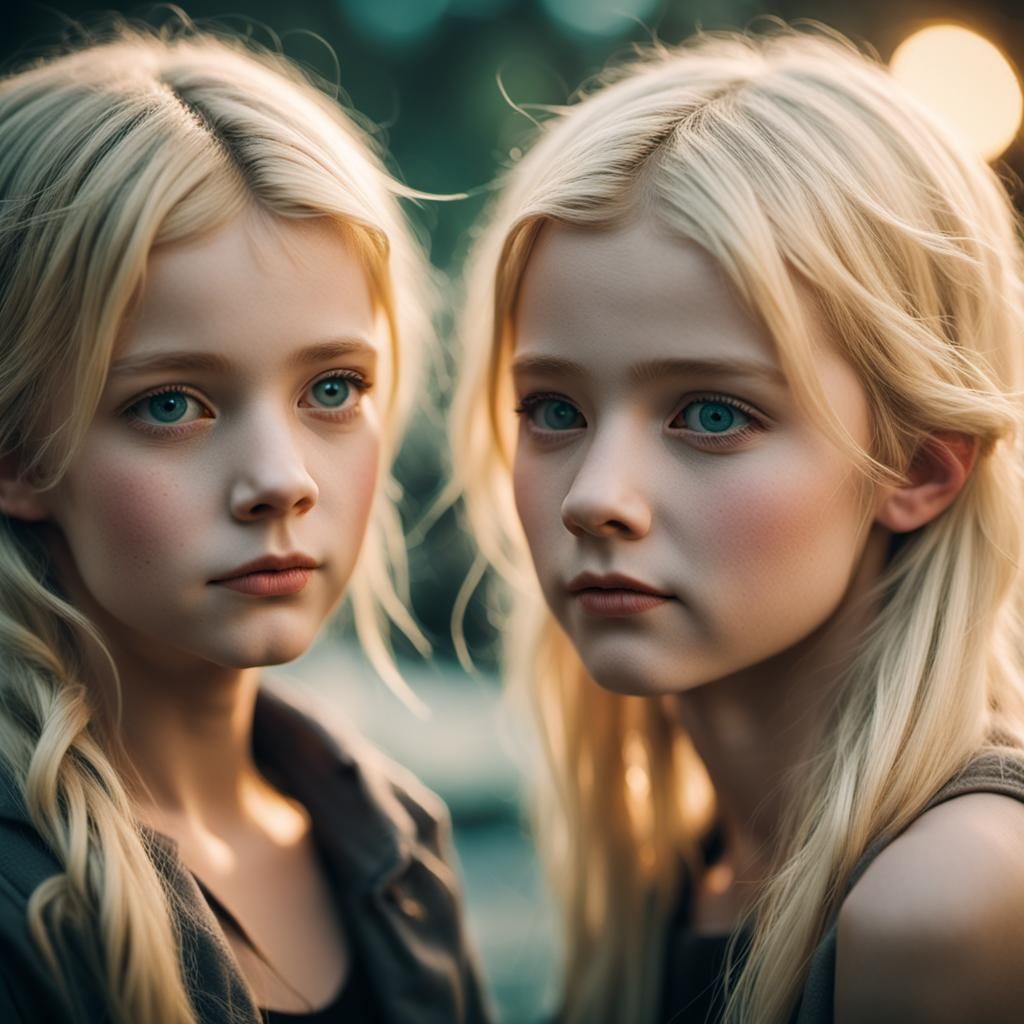 Close up, DUALITY, twin blonde sisters, one always cheerful, expressive, but the other anxious ...