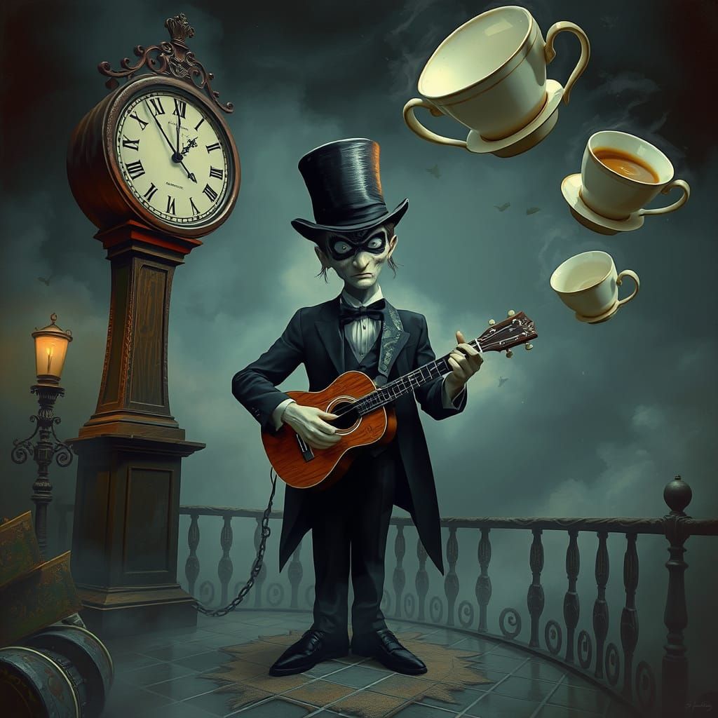Vampire, clock, a ukulele, a top hat,