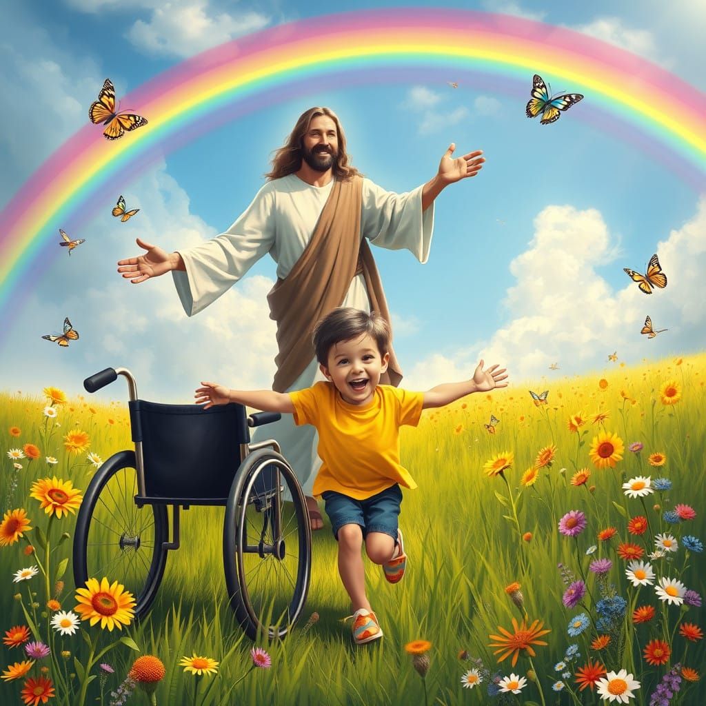 A little boy running toward Jesus in an open field Jesus has ...