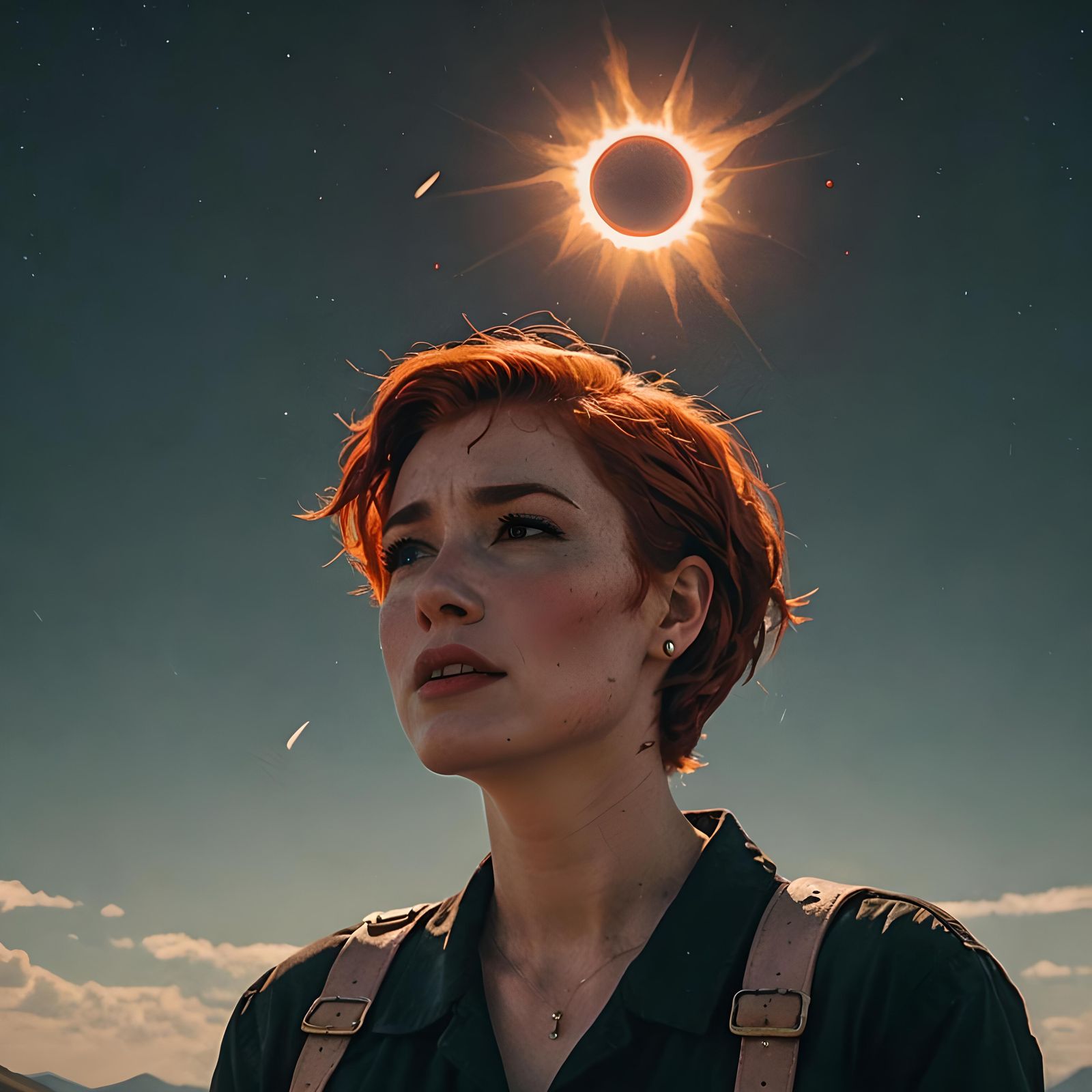 Redhead girl with a pixie cut crying during a solar eclipse, retrowave film noir - AI Generated ...