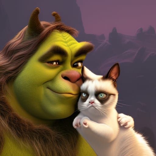 Shrek kissing grumpy cat - AI Generated Artwork - NightCafe Creator