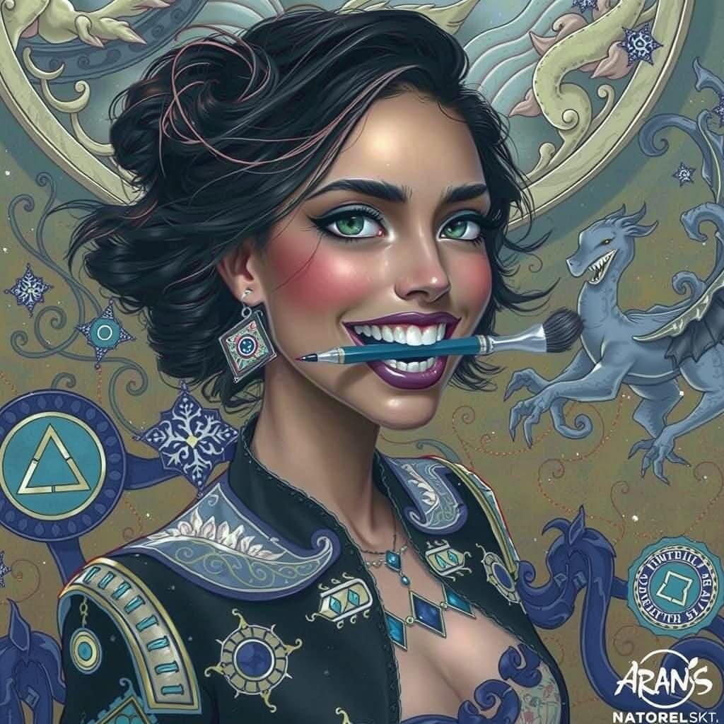 Whimsical Woman with Paintbrush Smile in Enchanted... - AI Art